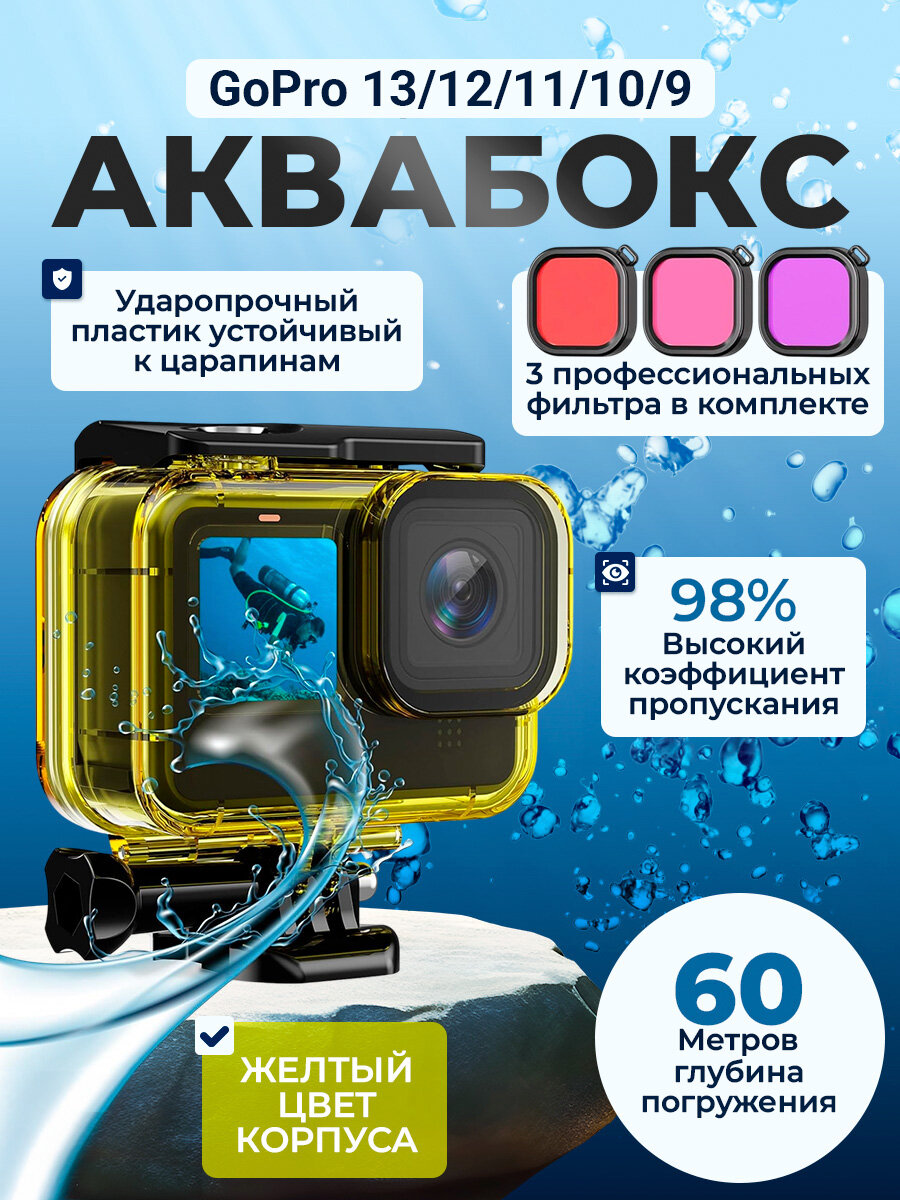 Аквабокс для экшн камер GoPro 13,12,11,10,9 и 3 цветных фильтра