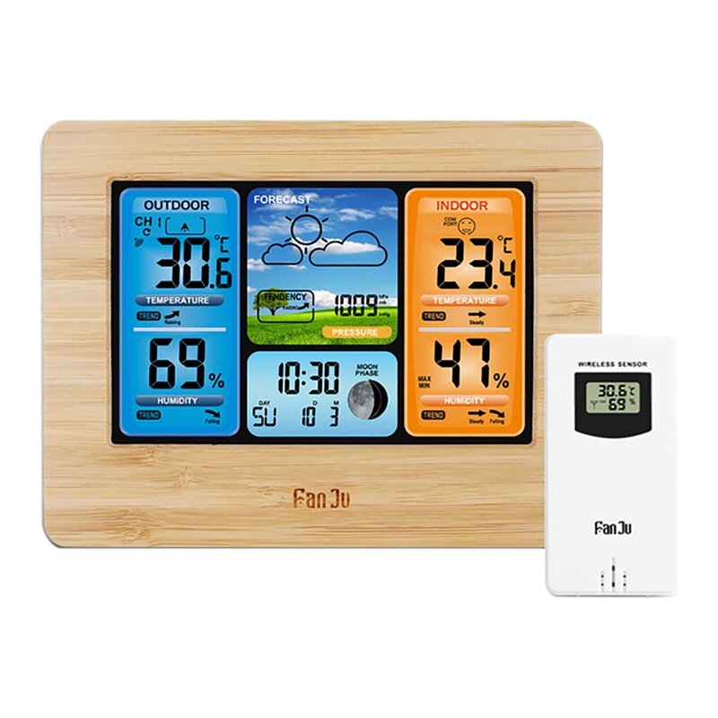 FanJu Метеостанция Настенные Часы Цифровые Таур Влажность Барометр Подсветка Повтор Сигнализации Беспроводной Датчик-Цвет Дерева