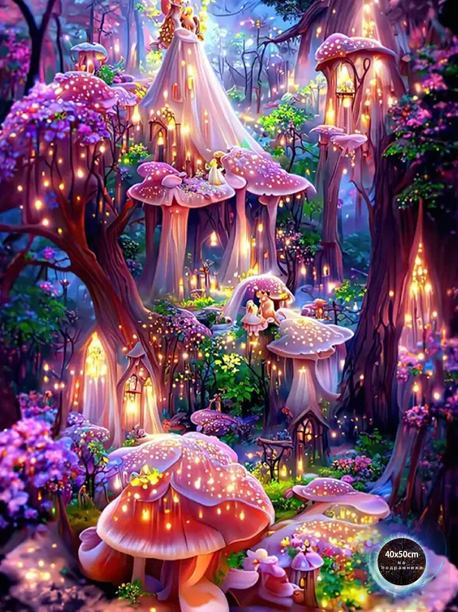 Алмазная мозаика 40х50 на подрамнике/5D "Грибной домик"