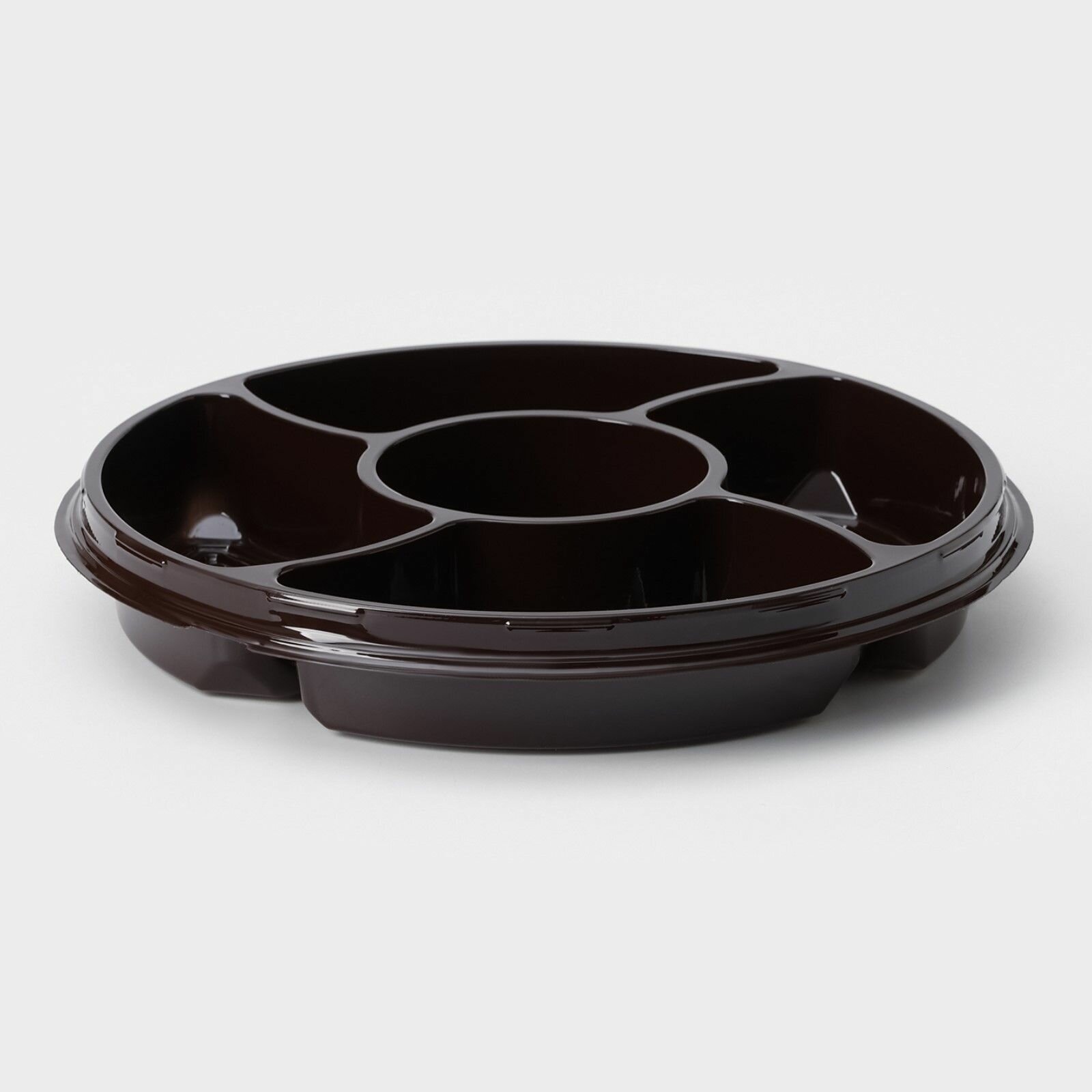 Менажница одноразовая, пластик, d 26 см, h 4.2 см, 5 секций, дно, круглая, коричневая
