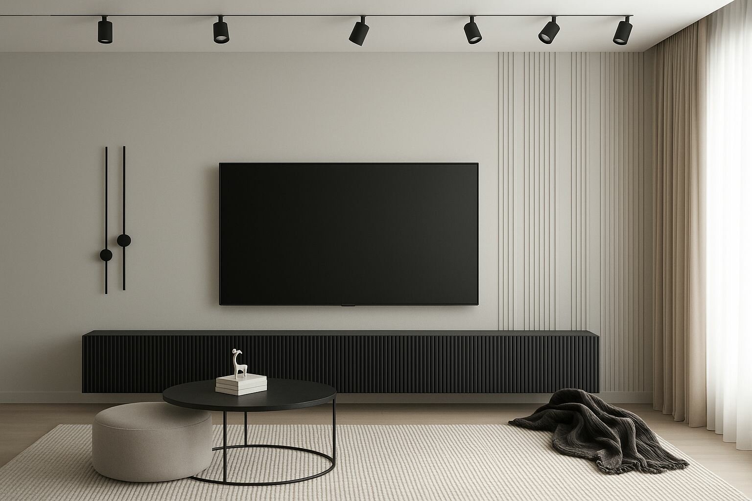 ТВ тумба подвесная 240 см, матовый графит, рифлёный фасад МДФ