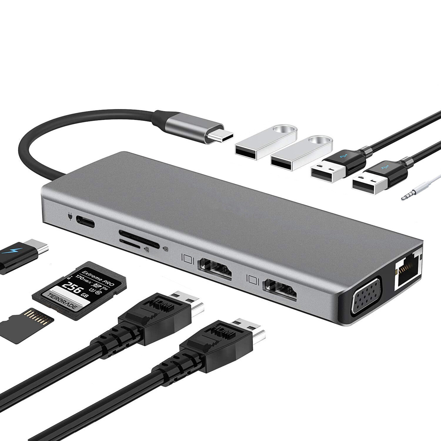 Док-станция Type-C, 12 в 1, с HDMI, MTS, гигабитная сеть, серая