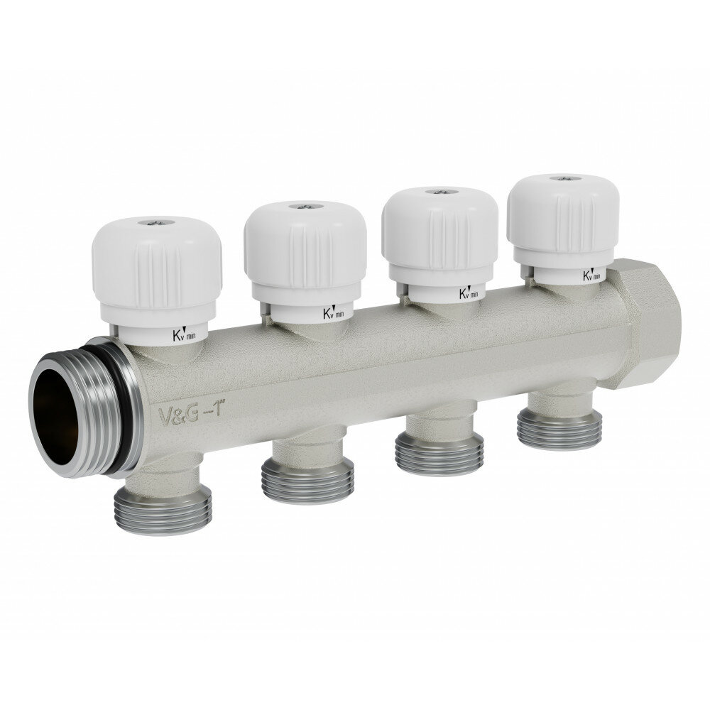 Коллектор распределительный VALOGIN на 4 выхода 1" х 3/4" евроконус с вентилями, регулируемые