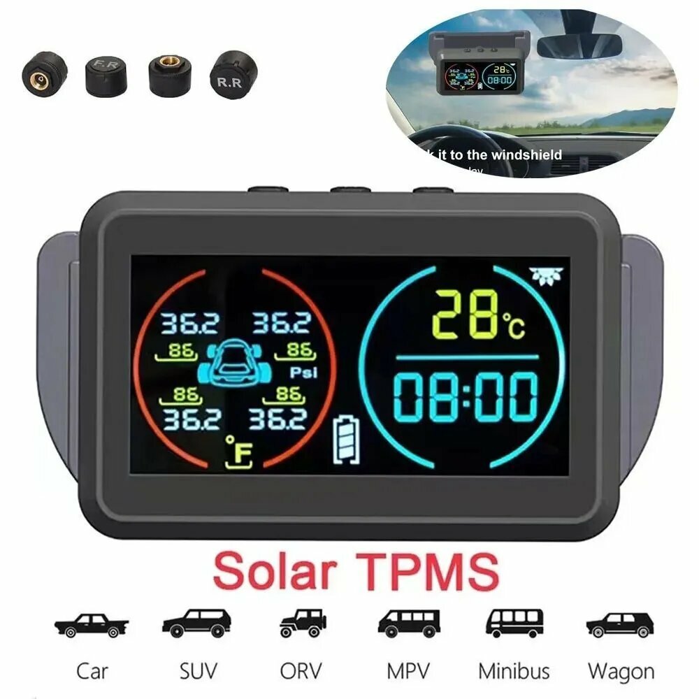 Солнечная энергия TPMS система контроля давления в шинах автомобиля датчик температуры предупреждение 4 датчика