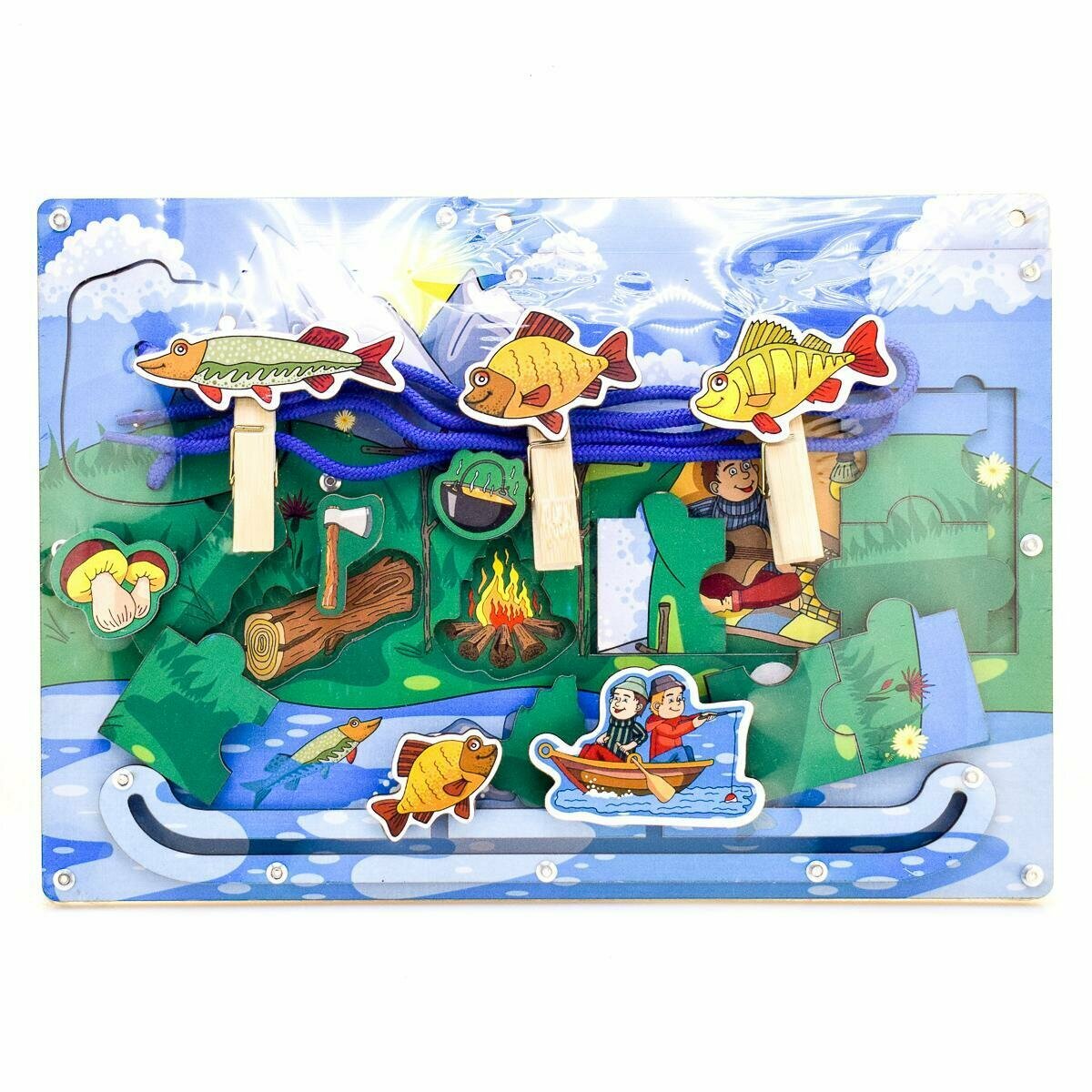 Бизиборд деревянный "Рыбалка", развивающая игра для мальчиков, от 3 лет