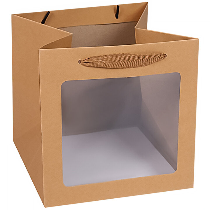 Пакет подарочный Дон Баллон для цветов, с широким дном, прозрачное окно, крафт, 20х20х20 см