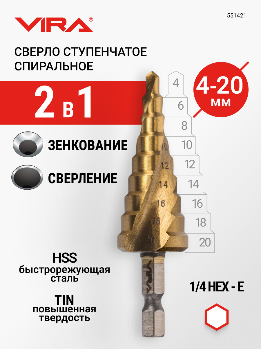 Сверло ступенчатое спиральное 4-20 мм VIRA