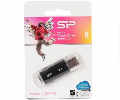 Память USB Flash 8 ГБ Silicon Power Ultima U02 (SP008GBUF2U02V1K) - USB 2.0, до 10 Мбайт/сек, монолит с колпачком, металл, пластик