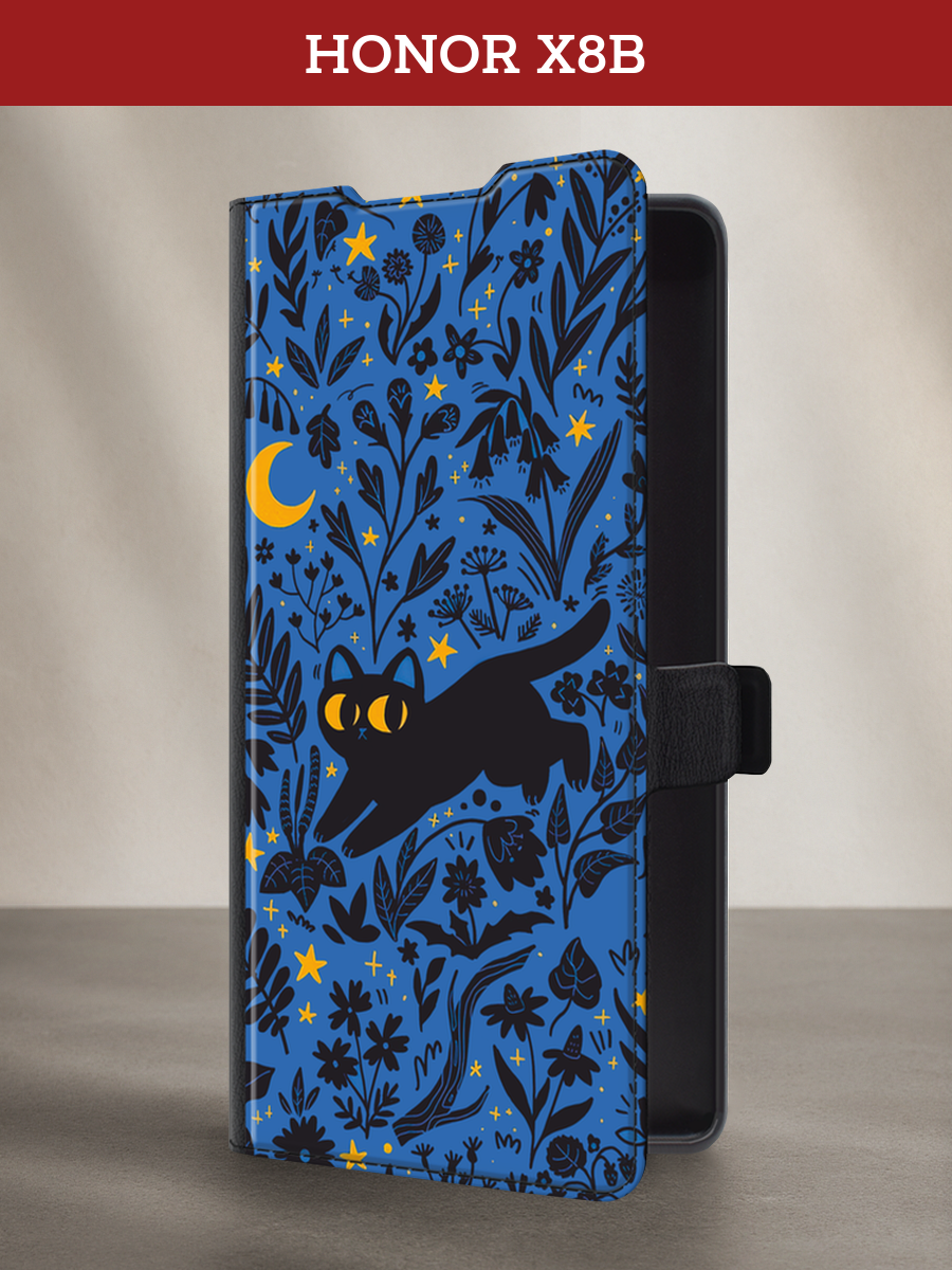 Чехол-книжка на Honor X8B / Хонор Х8B с принтом Ночной котик, черный