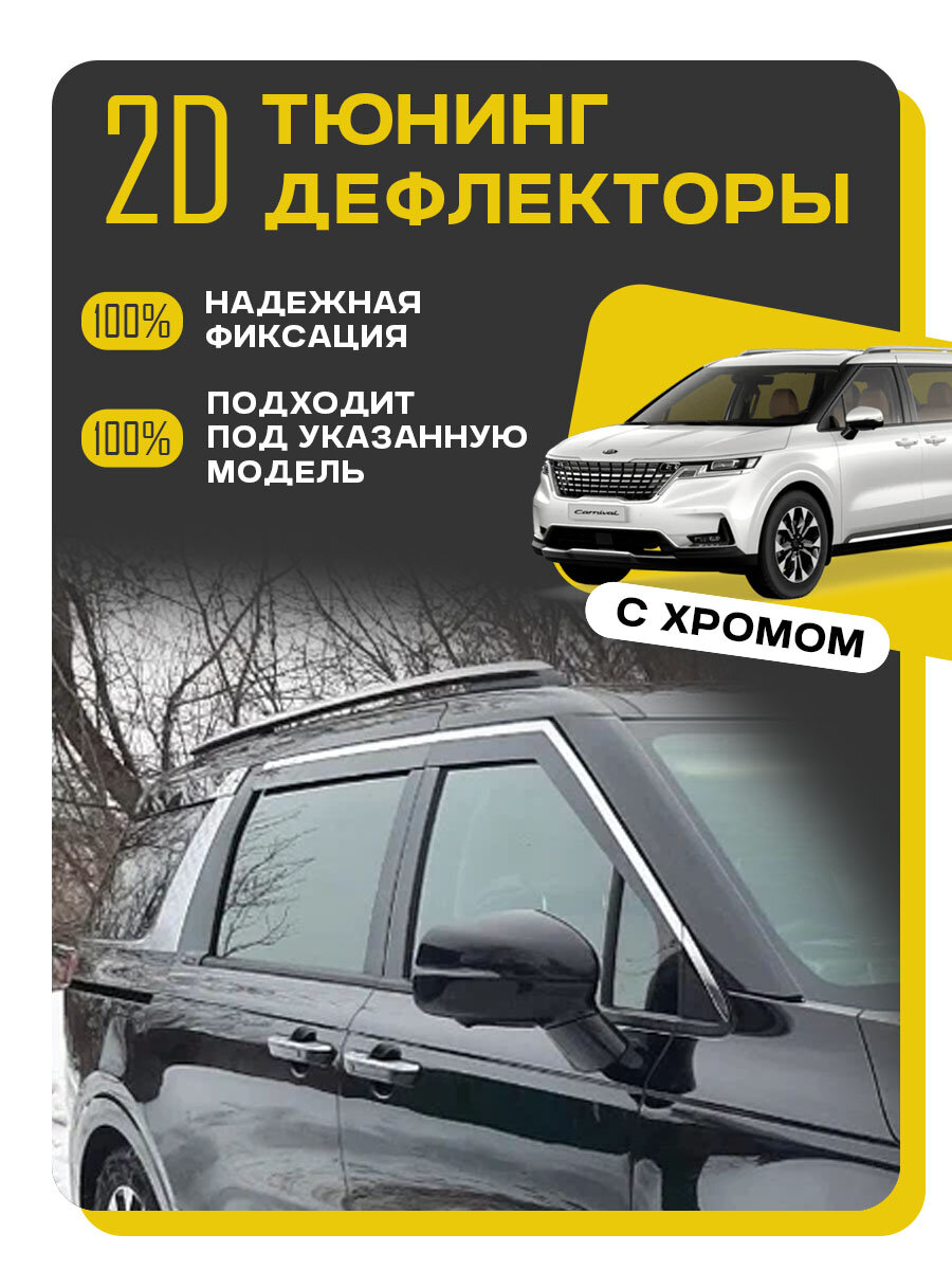 Плоские тюнинг дефлекторы c хромом для Kia Carnival 4 (2020-н. в) Ветровики на Киа Карнивал 4 поколение. Комплект 8 шт.