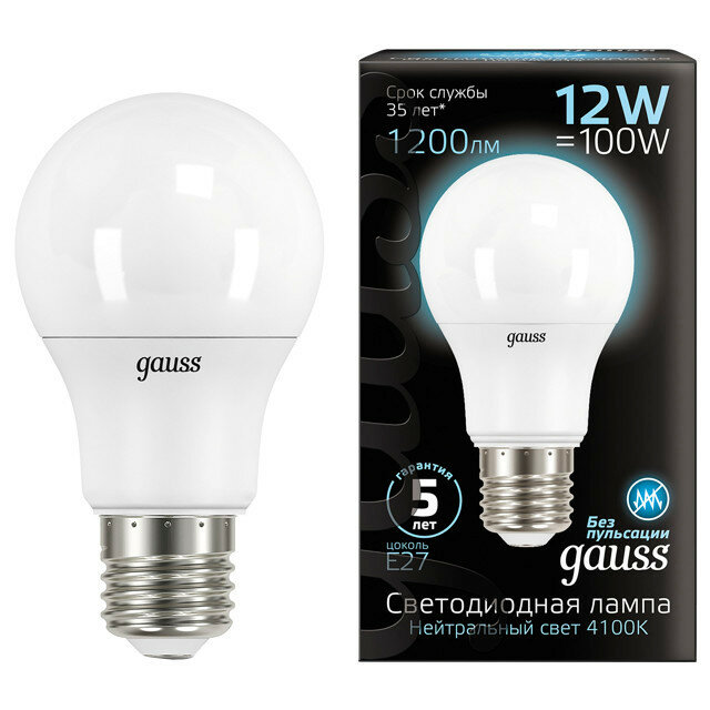 Лампа GAUSS 12Вт E27 LED 1200Лм 4100K A60 груша