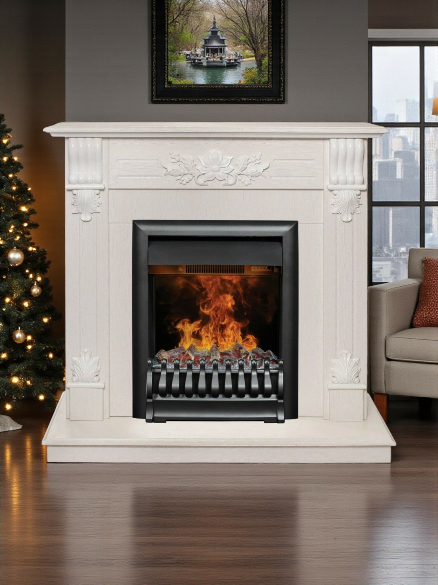 Электрокамин RealFlame Прага WT МДФ с очагом Ореган 3D, имитация пламени 3D, обогрев, увлажнение, пульт