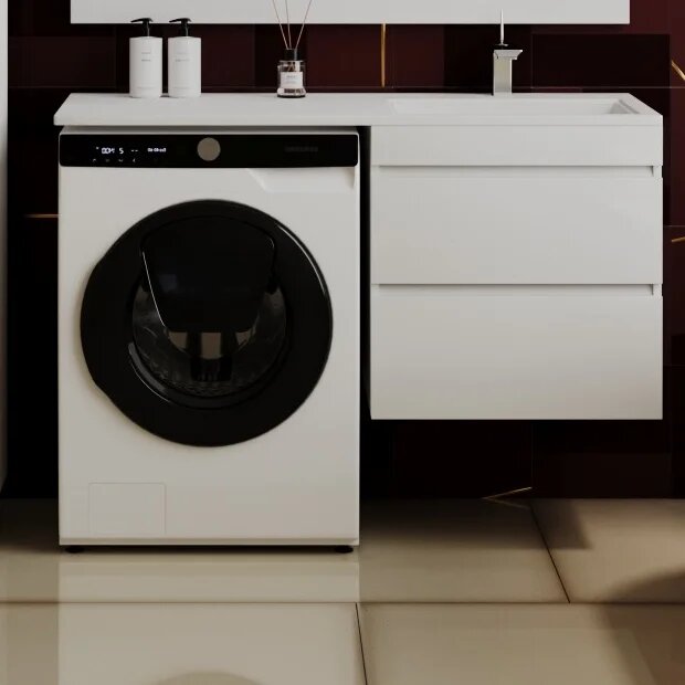 Тумба с раковиной Style Line Даллас 120 подвесная, под стиральную машину, 120, 2 см, белая, глянцевая, из МДФ, с ящиками, раковина для ванной, из искусственного камня, прямоугольная