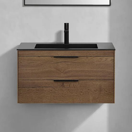 Тумба с раковиной Vincea Chiara 2D подвесная, 80 см, темное дерево, матовая, из ЛДСП, с ящиками, раковина для ванной, из искусственного камня, прямоугольная, лофт