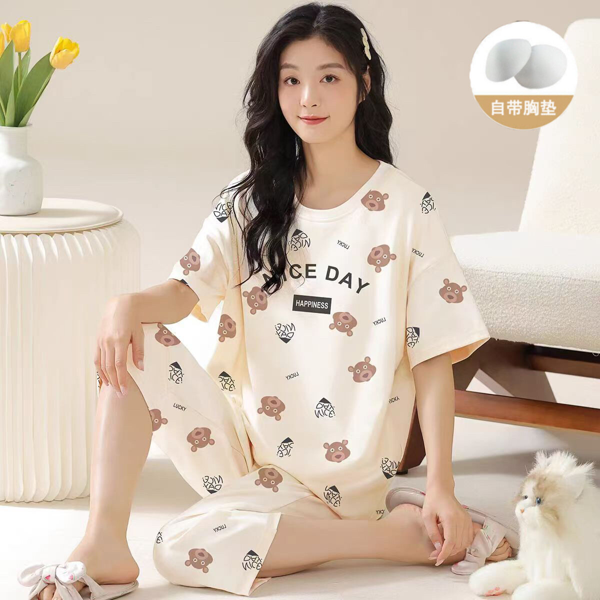 Женский комплект одежды для дома с рисунком из мультфильма "Весенние и осенние" с короткими рукавами, укороченными брюками и круглыми завязками, размер: L