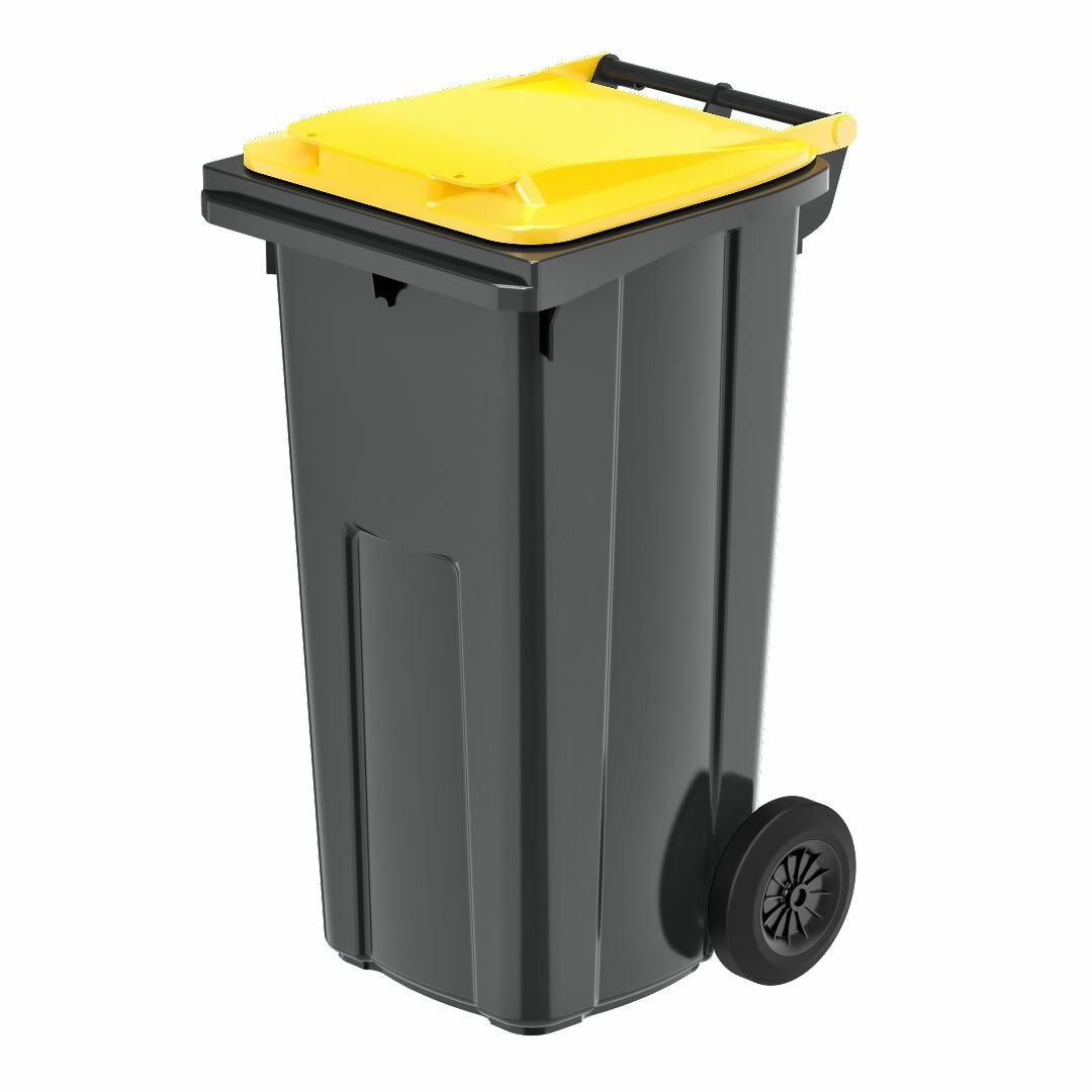Мусорный бак, мусорный контейнер, с крышкой, на колесах, 120 л, серый с желтой крышкой