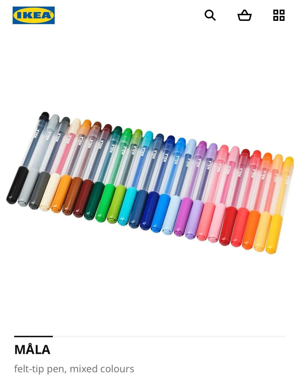 Набор фломастеров IKEA MALA, 24 цвета, круглый корпус, клиновидные наконечники, 24 штуки