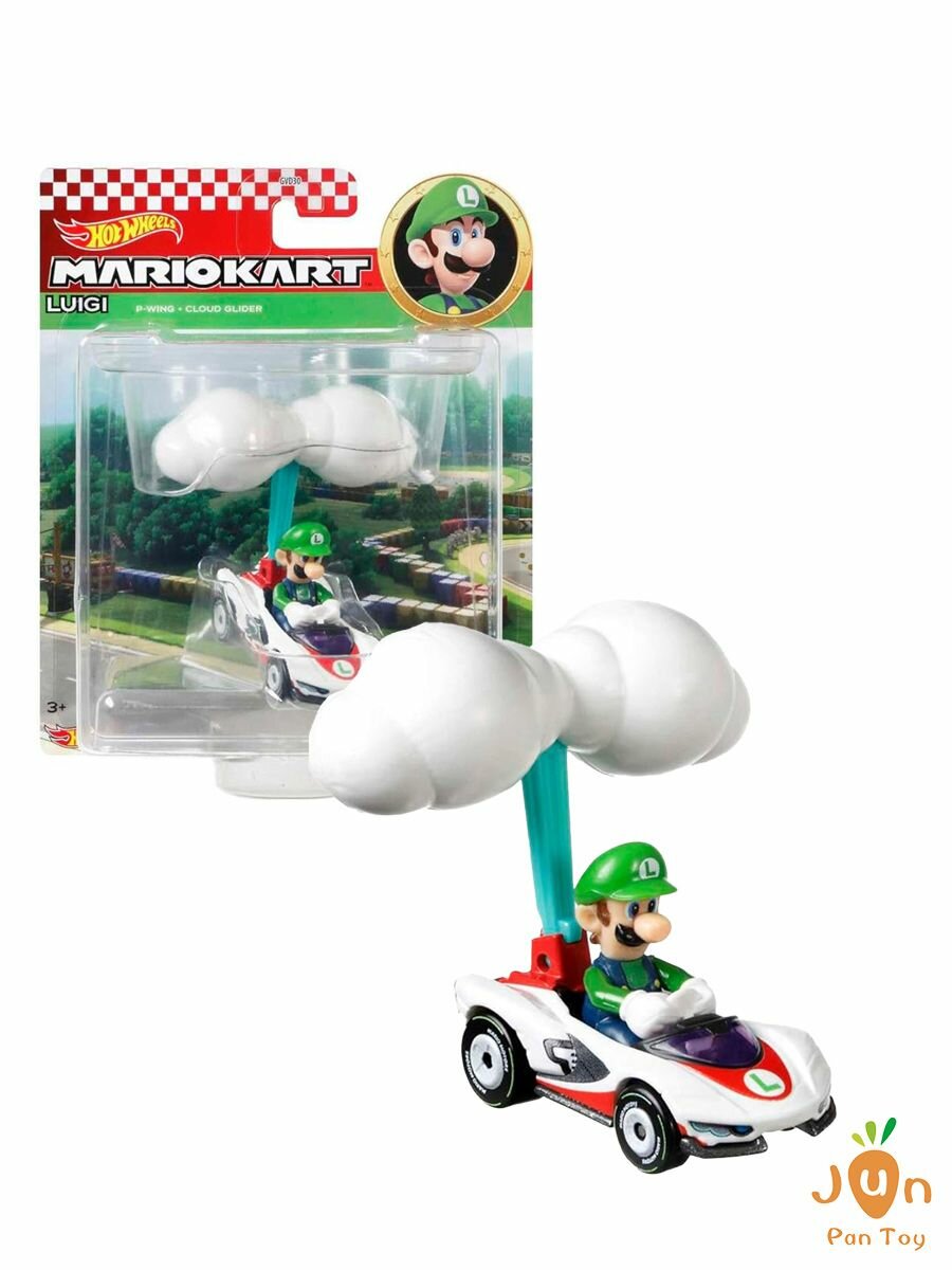 Машинка 1:64 Mattel Mario Kart Luigi P-Wing GVD35 / Детский гоночный автомобиль, отлитый под давлением, включая картинг в масштабе 1:64 и аксессуары для парапланеризма