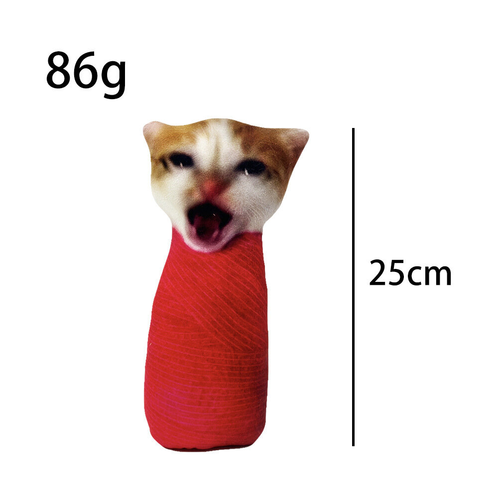 Мягкая игрушка-кот из мема: реалистичная плюшевая игрушка в виде кота, обернутая красной тканью.