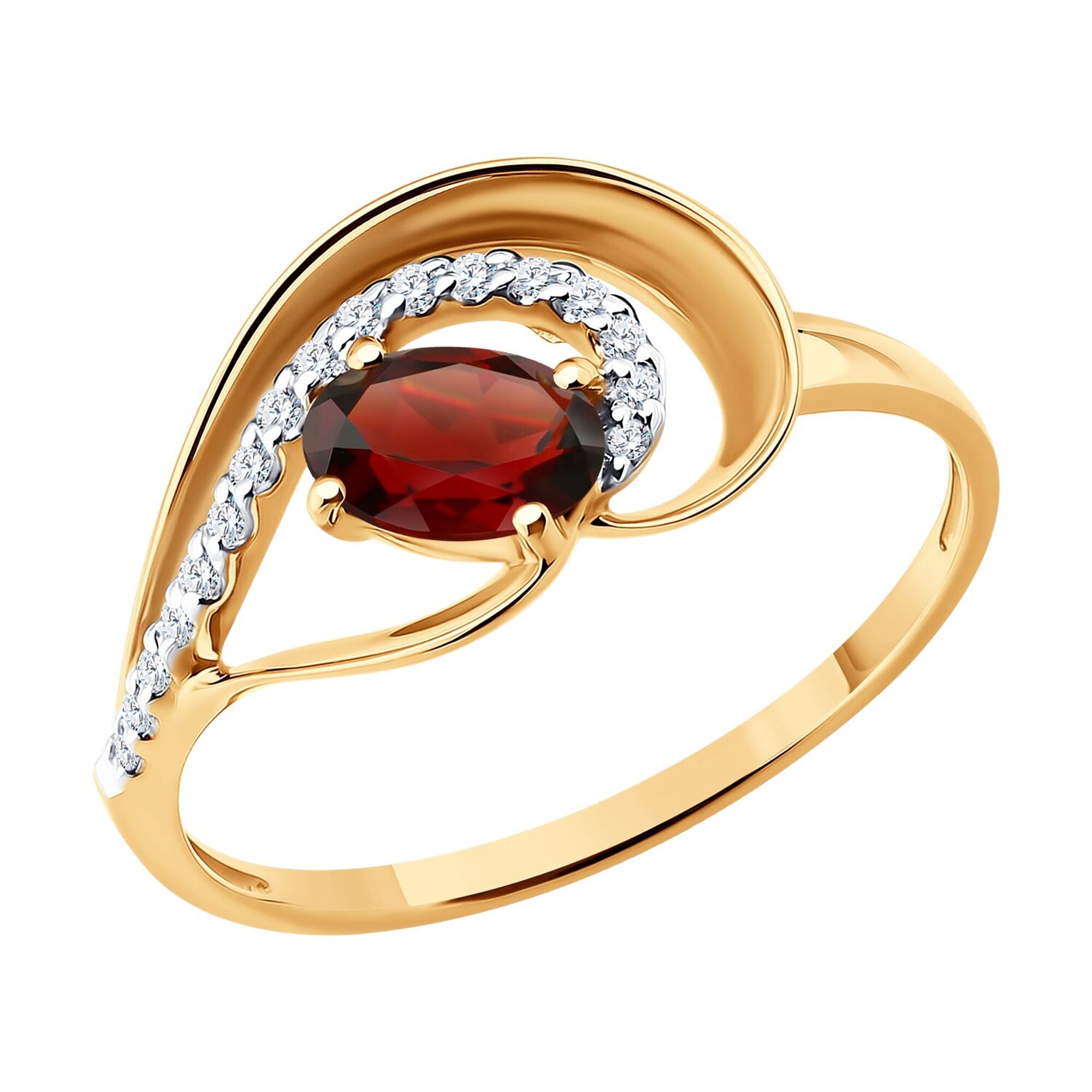 Кольцо, красное золото, 585 проба, фианит, гранат