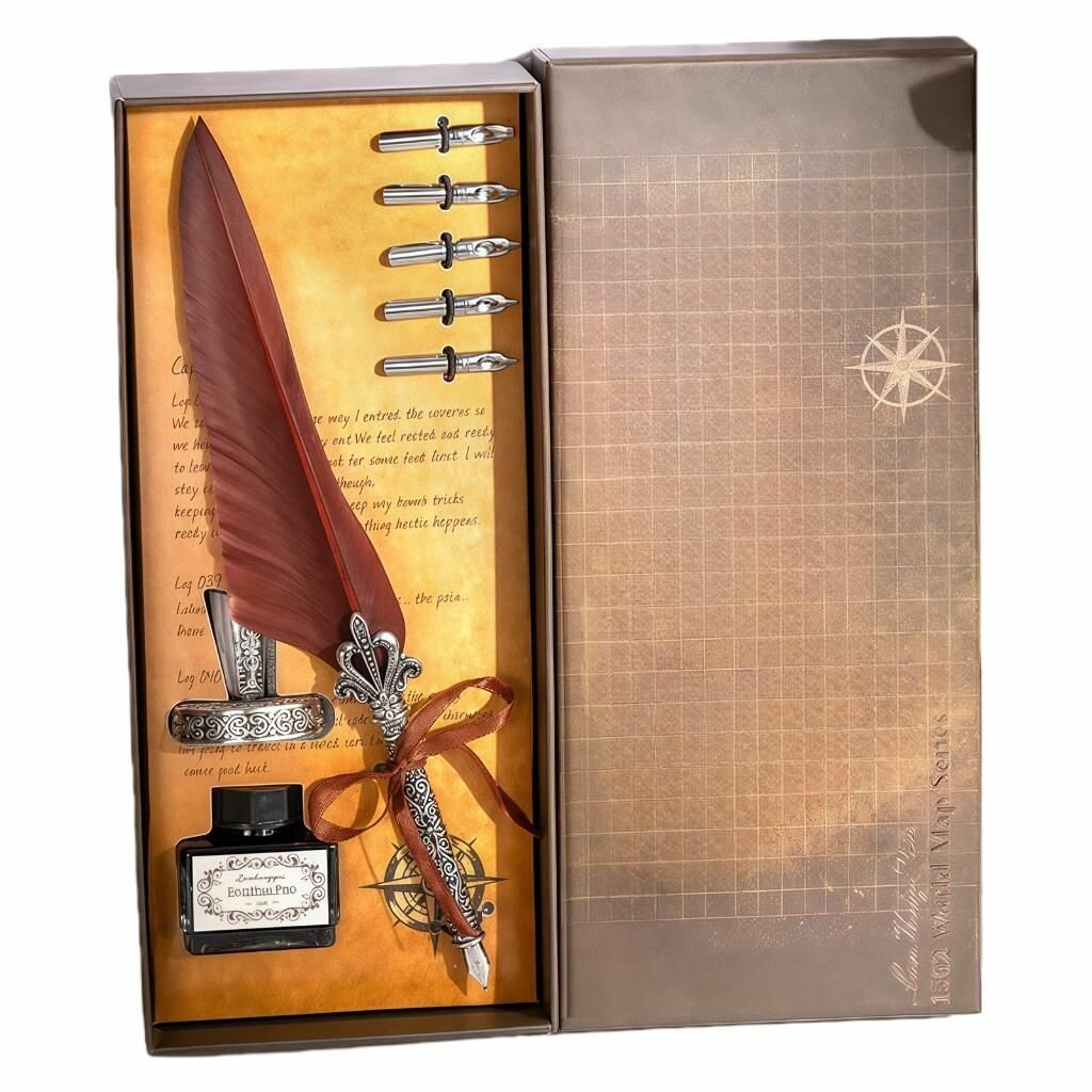 Антикварное перо с 5 сменными наконечниками и чернильницей для коллекционеров, кофе