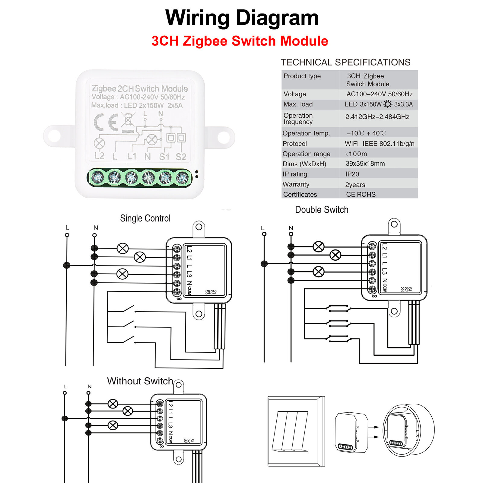 3-канальное реле ZigBee Mini, 2-позиционное управление, совместимость с Alexa