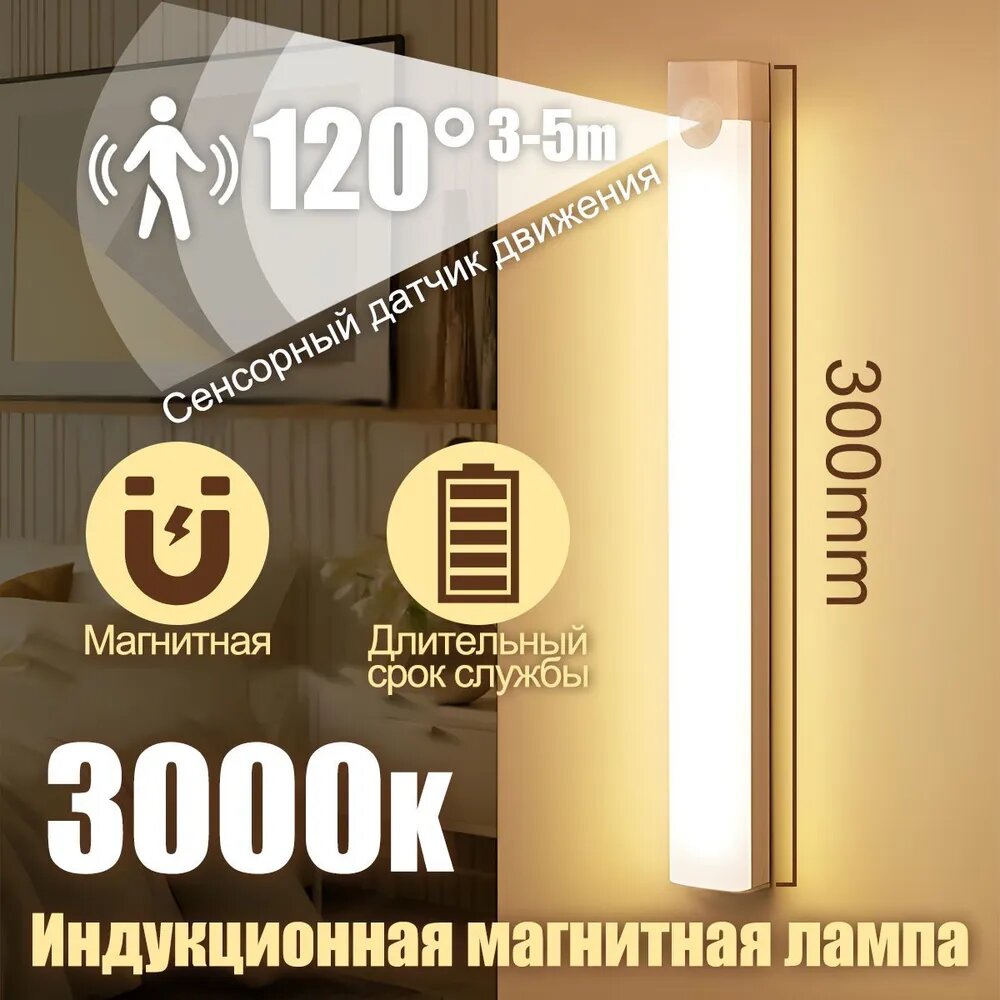 Светодиодный ночник, LED подсветка, датчик движения и освещенности, 3 режима, для кухни, прихожей, ванной, теплый свет