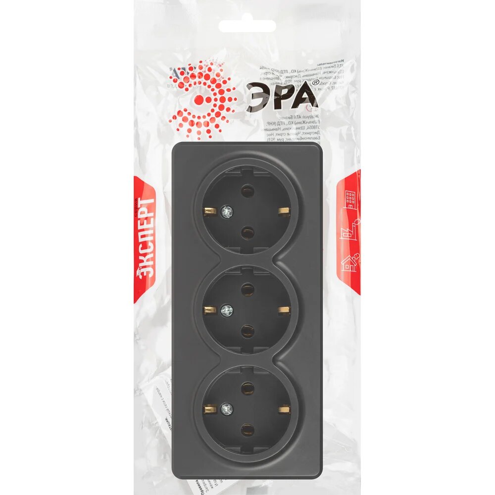 Розетка ЭРА Эксперт 11220805 тройная с заземлением 3x2PE Schuko, IP20, 16A250В, открытой установки, антрацит Б0063007