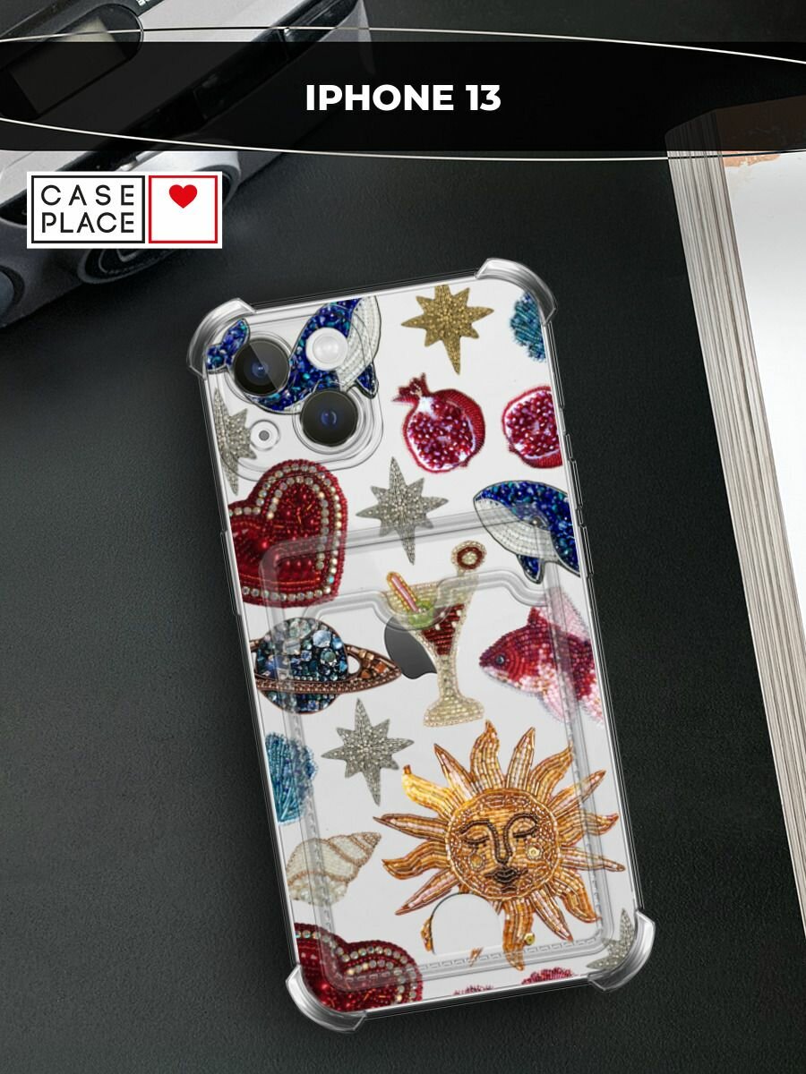 Чехол на Apple iPhone 13 (Айфон 13) с картой и принтом Паттерн из страз