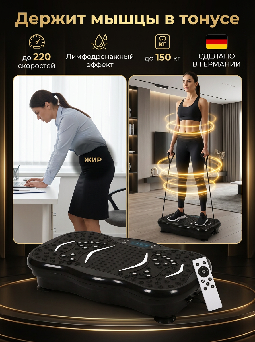 Виброплатформа для похудения 150 кг тренажер кардио степпер, пульт, чёрный, с Bluetooth