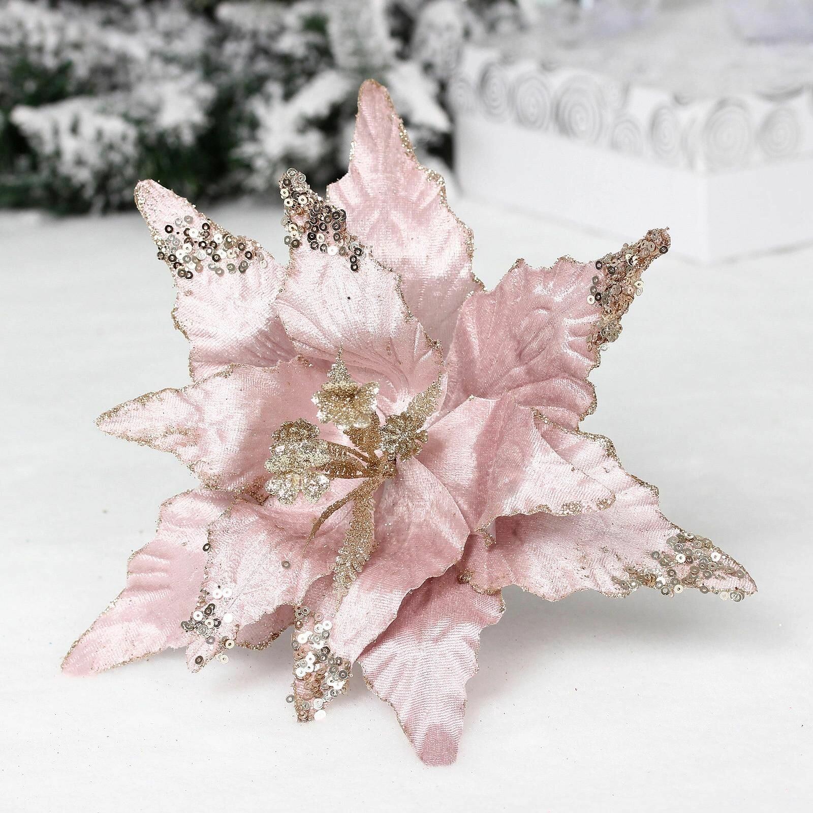 Украшение новогоднее Серпантин Пуансеттия-Звёздное небо, 28 см, розовый, шампань