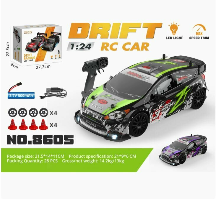 Дрифт машинка Ford Fiesta RS 4WD электрическая радиоуправляемая модель автомобиля с дистанционным управлением 1:24 (черный/зелёный)