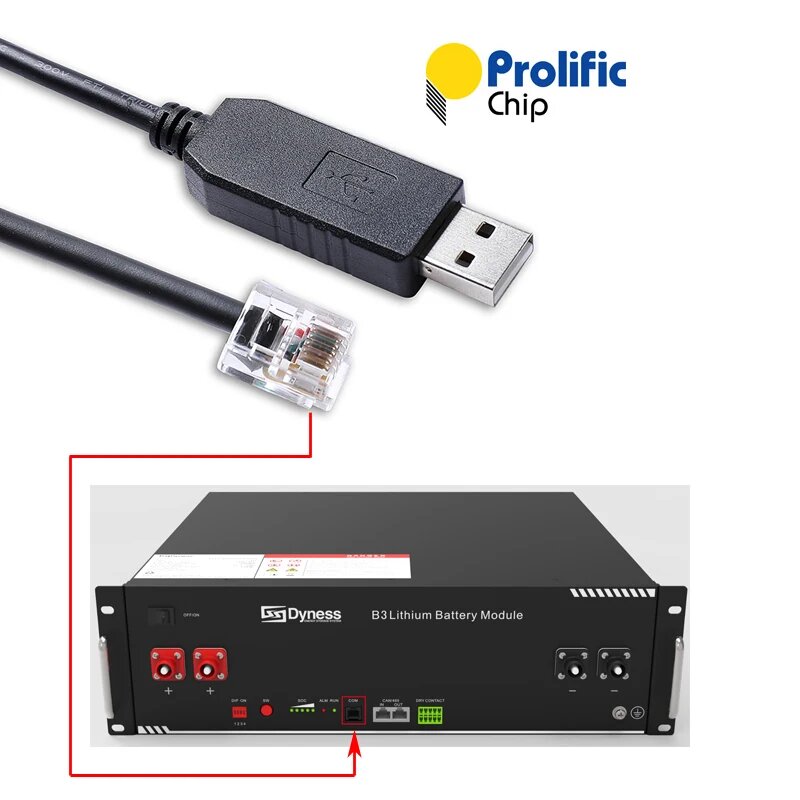 Кабель для отладки и связи Dyness A48100 / B48100 / B3 / B51100, USB 2.0 (папа) – RS232, консольный кабель на чипе PL2303GT, RJ12 6P6C, 1 метр (длина на выбор)