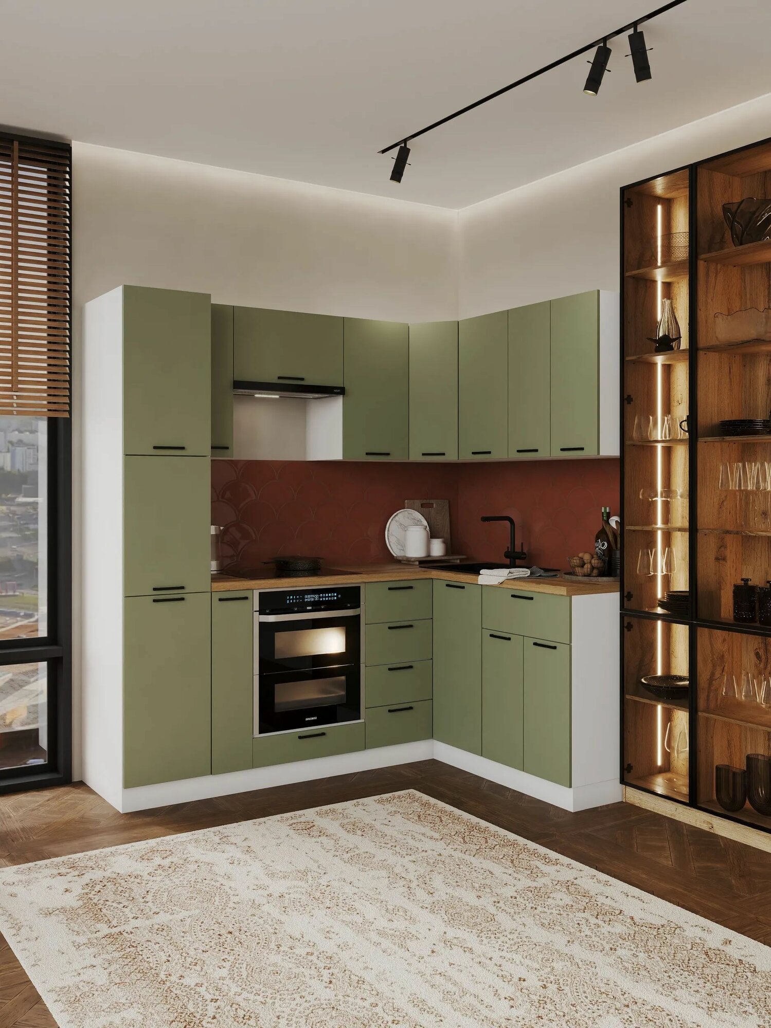 Кухонный гарнитур без столешницы "Агава Smooth" МДФ 160*220*211 см. Белый/Зеленый