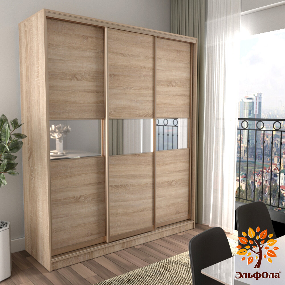 ЭльфОла Шкаф-купе "Гамма" 265х60х220 см, цвет сонома/золото, с зеркалом, для одежды, трехдверный