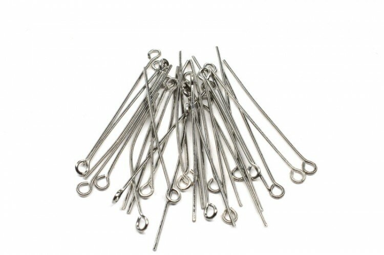 Штифты для бижутерии с петелькой 35х0,7мм, ответстие 2мм, цвет платина, латунь, 30-062, 10г (около 65шт)