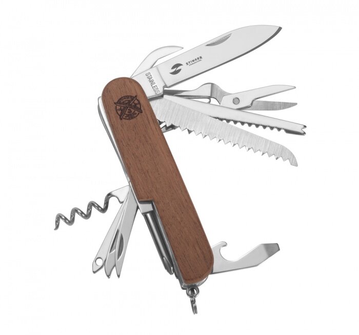 Stinger FK-K5014ALLB Нож перочинный stinger, 89 мм, 15 функций, материал рукояти: древесина сапеле, в блистере