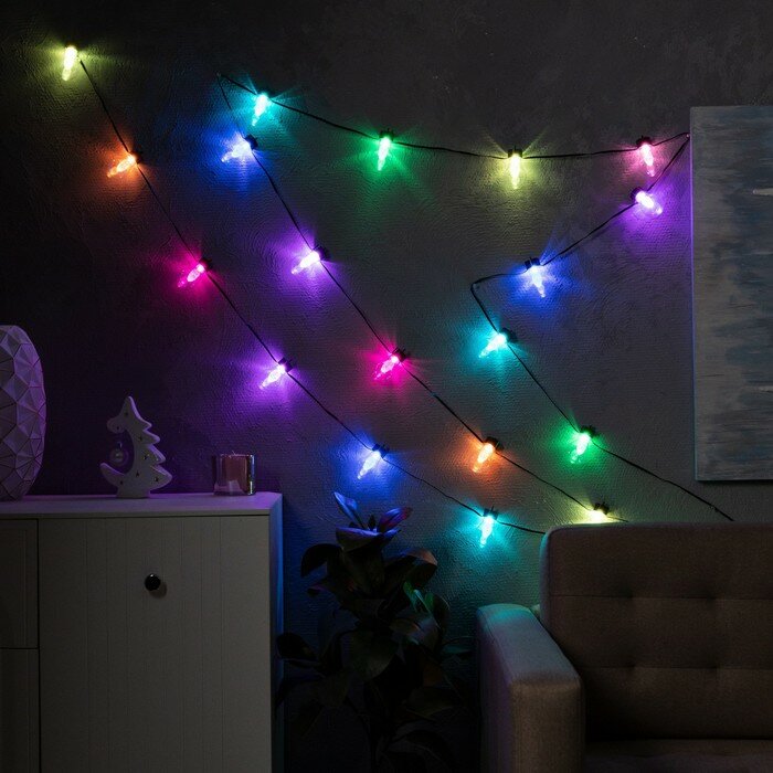 Luazon Lighting Умная гирлянда «Нить» 6 м с насадками «Лампочки с шишками», IP20, тёмная нить, 20 LED, свечение RGB, USB