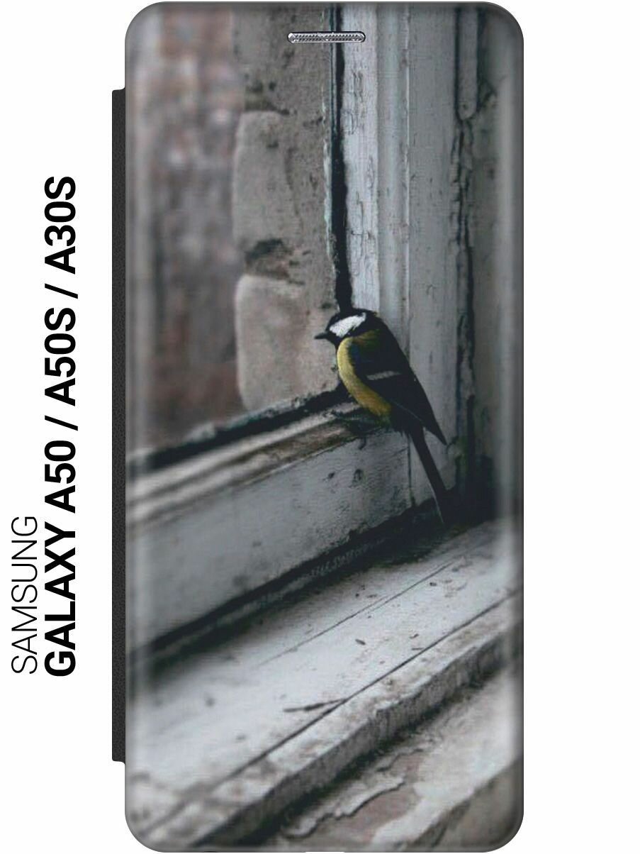Чехол-книжка на Samsung Galaxy A50, A50s, A30s, Самсунг А50, А30с, А50с c принтом "Птичка на окне" черный