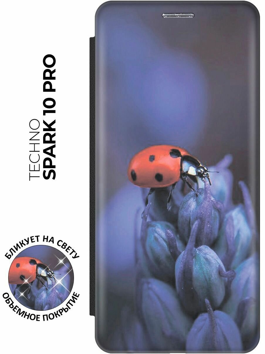 Чехол-книжка Божья коровка на цветке на Tecno Spark 10 Pro / Техно Спарк 10 Про с эффектом блика черный