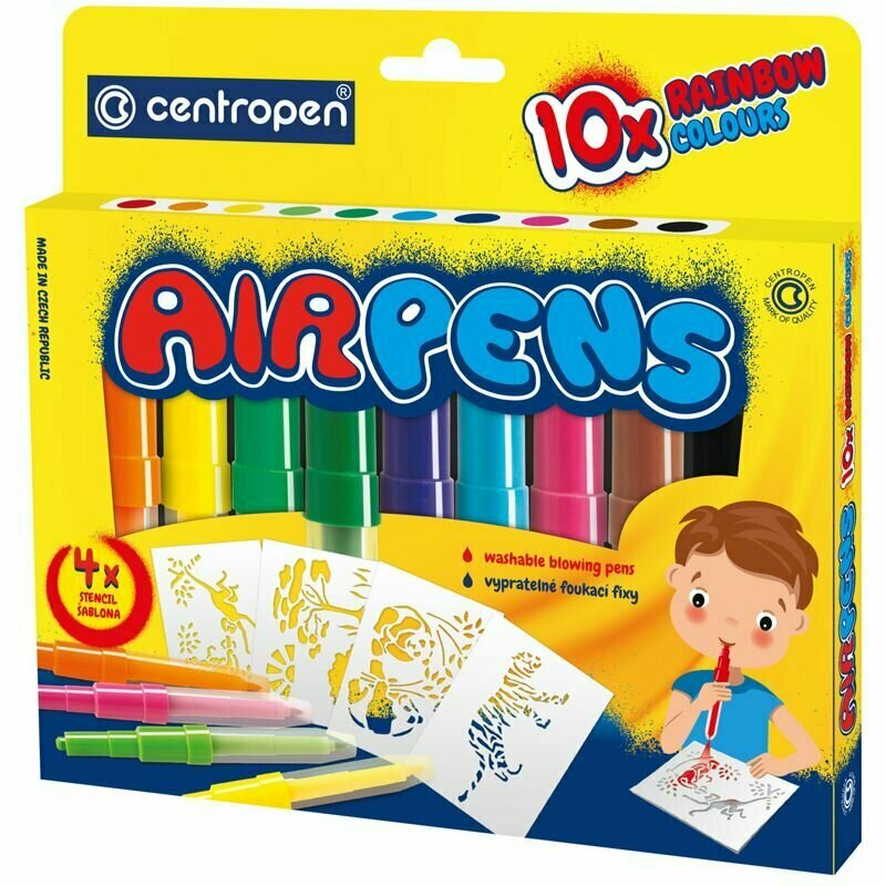 Фломастеры воздушные Centropen «AirPens Rainbow», 10цв. +4 трафарета, картон. упаковка