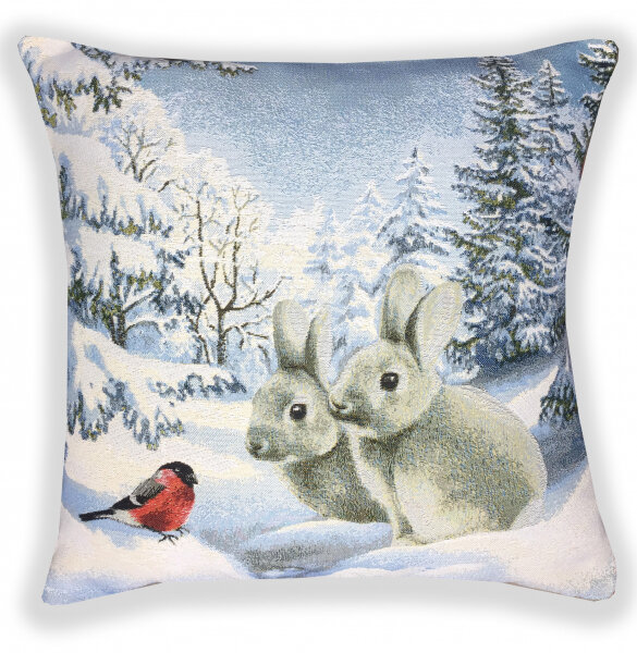 Наволочка Декоративная Гобеленовая 45х45 "Встреча Снегирь и зайчики"