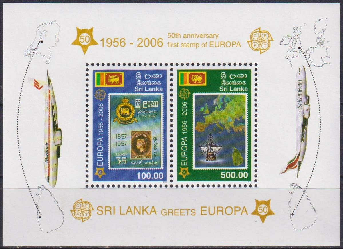 Почтовые марки Шри-Ланка 2006г. "50 лет первой марке европы" Корабли, Марки на марках, Самолеты MNH