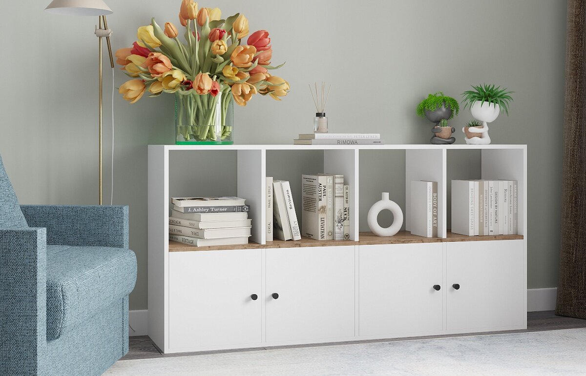 Стеллаж МебельЛэнд24 Оренсе - 8 Белый 149x35x75 четырехдверный