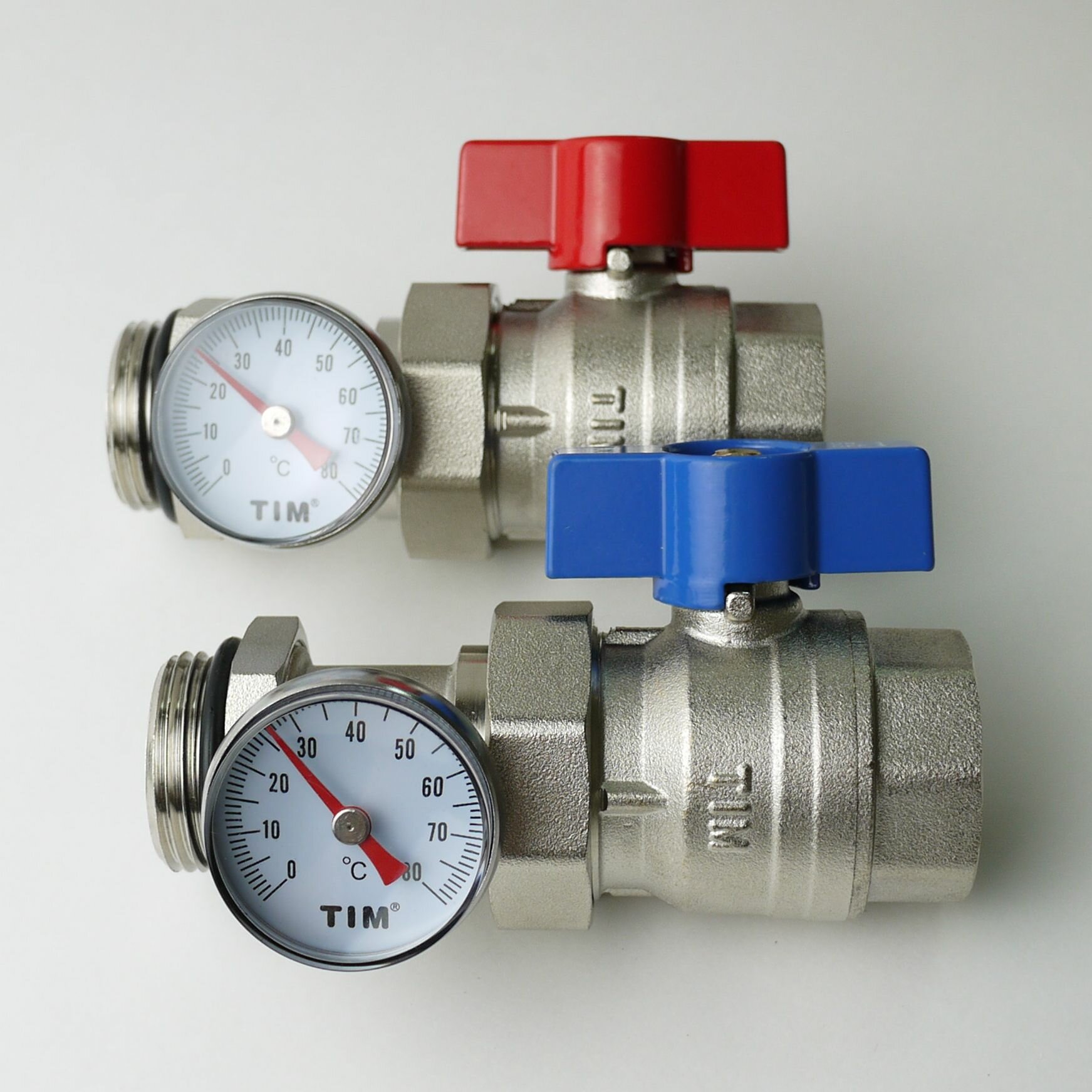 Комплект кранов "TIM" резьба - 1" с термометром, прямой, для подключения к коллекторной группе