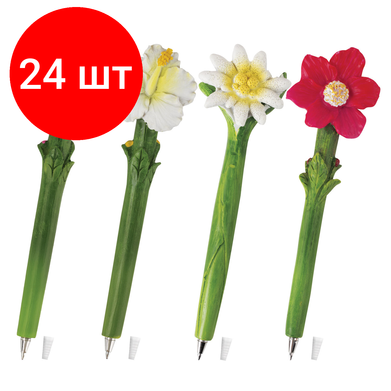 Комплект 24 шт, Ручка фигурная "цветочки", синяя, 4 дизайна ассорти, линия письма 0.5 мм, дисплей, BRAUBERG, 142775