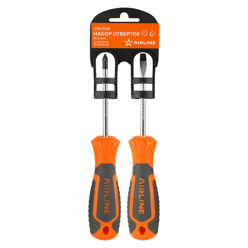 Набор отвёрток 2 пр. (SL5x75mm PH1x75mm) пласт. подвес AIRLINE ATAU008