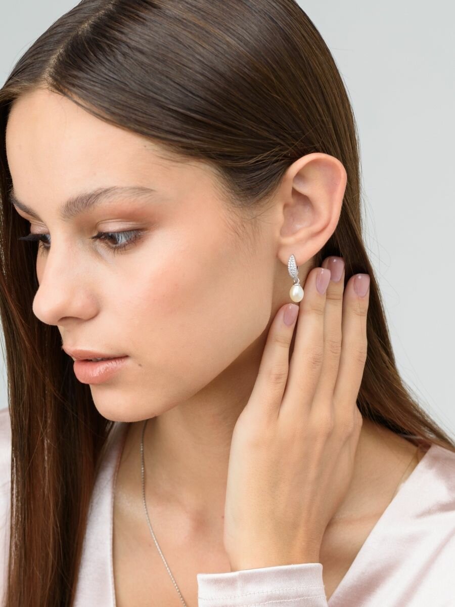 Серьги с подвесками, серебро, 925 проба, родирование, фианит, жемчуг