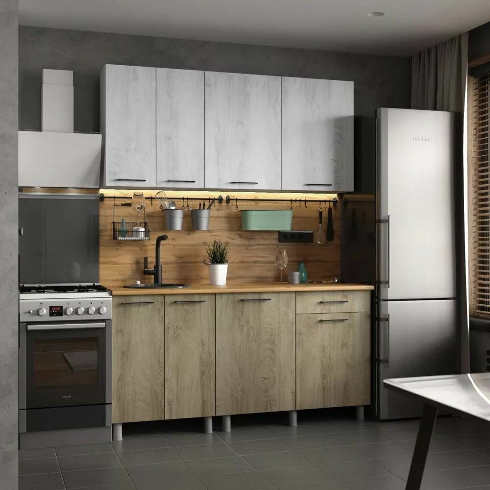 Кухня Палермо 1.6 м Дуб ост. серый/Дуб ост. бежевый со столешницей антарес 26 мм 1600х600х2170 тэкс