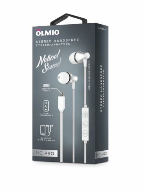 Наушники-гарнитура MC-Pro Type-C, белые, металл, с микрофоном и регулировкой громкости, OLMIO